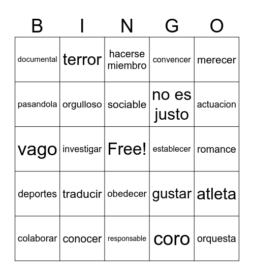 Duff Que Chevere 1 vocab Bingo Card