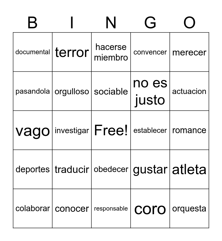 Duff Que Chevere 1 vocab Bingo Card