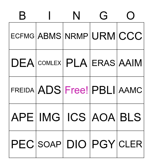 GME Bingo Card