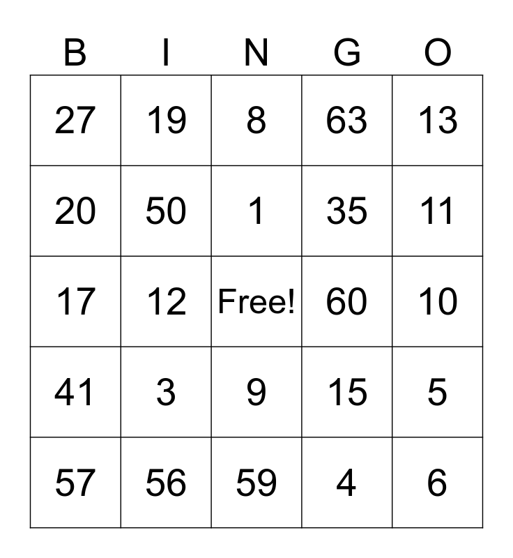 Les Chiffres 0 - 69 Bingo Card