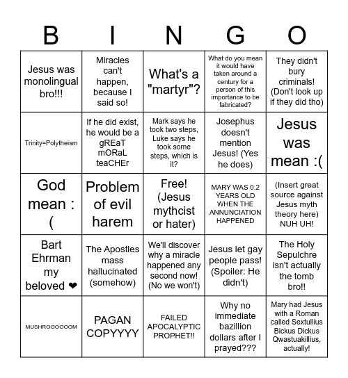 Jesus Mythcist/Hater Bingo Card