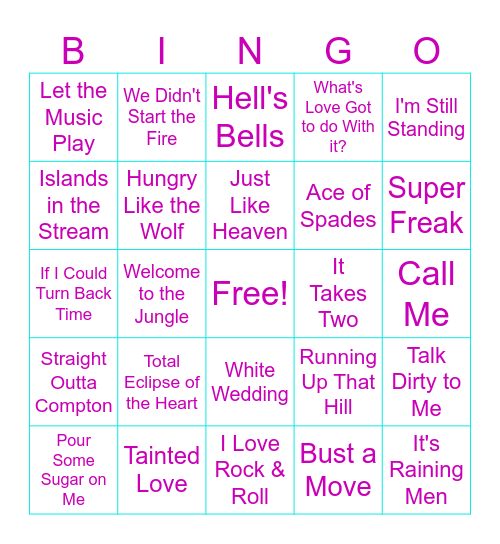 80s Top 40 Bingo Card