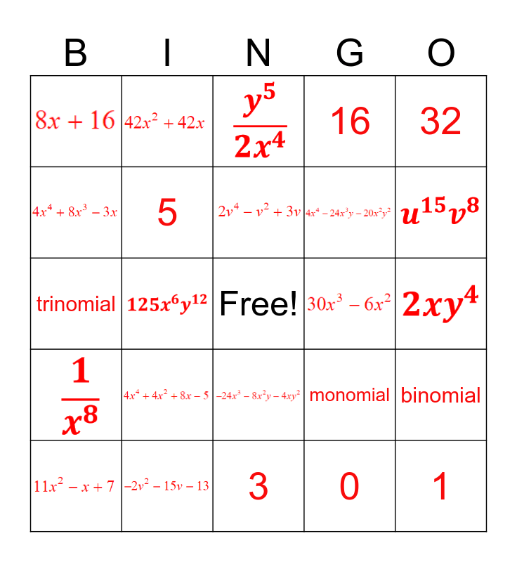 Exponent Rules Bingo Card