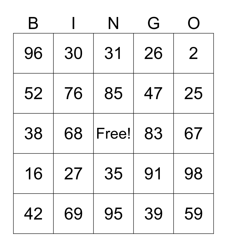 Spanish Numbers 0-101 Bingo Card