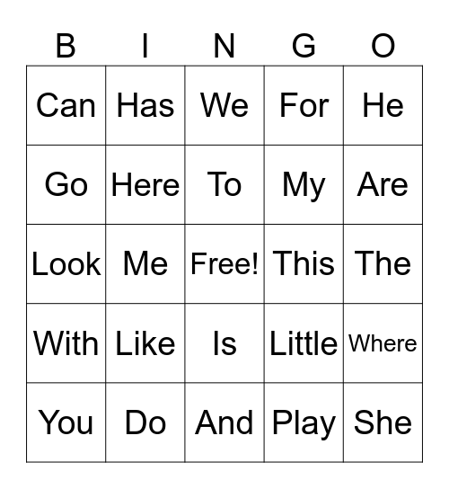 High Frequency Words Bingo Card