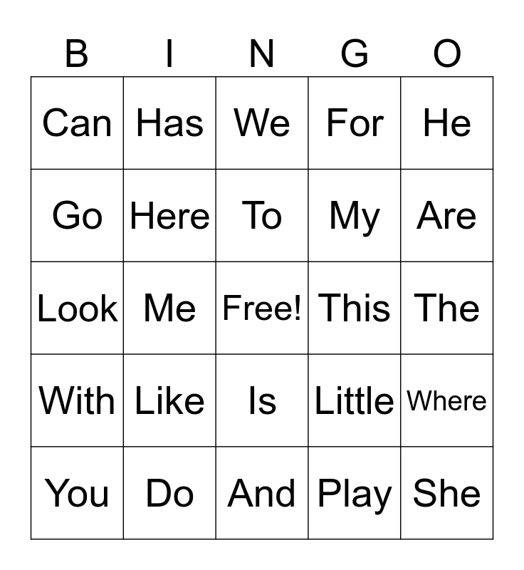 High Frequency Words Bingo Card