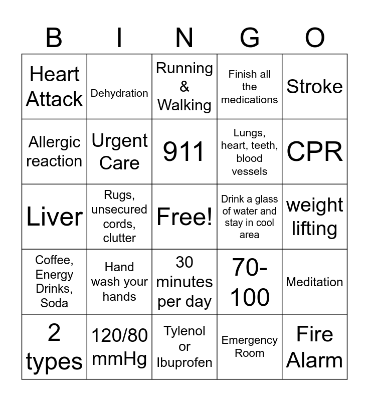 Be Healthy Bingo Card