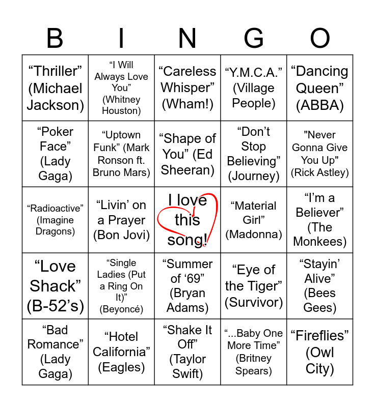 Musical Bingo Card