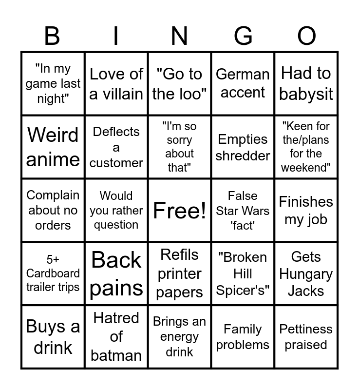 Cooper Bingo Card