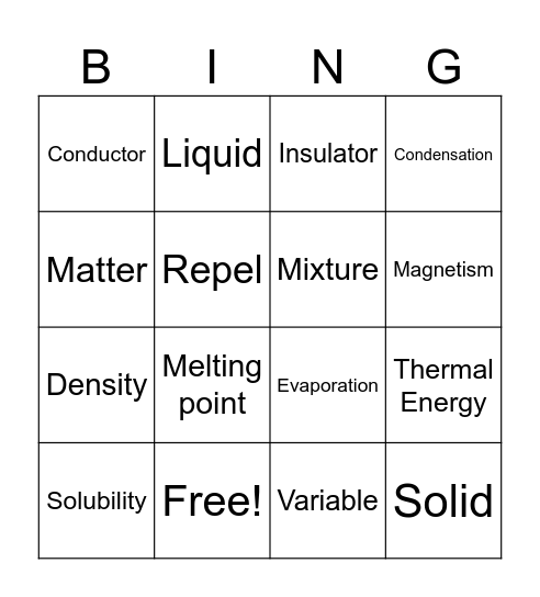 Physical Properties Review Bingo Card