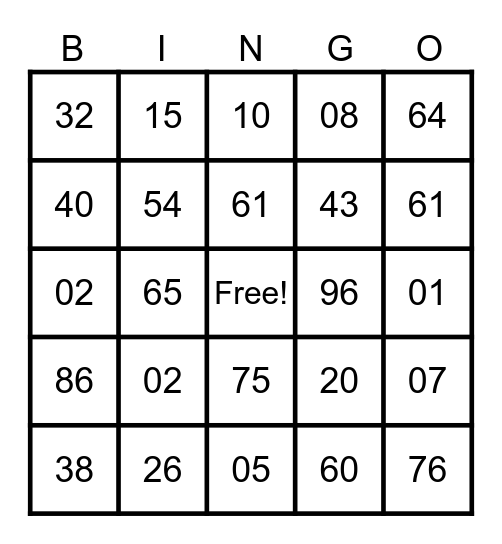 Numbers Bingo Card
