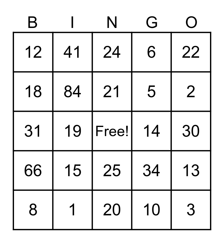 Order Of Operations Bingo Card