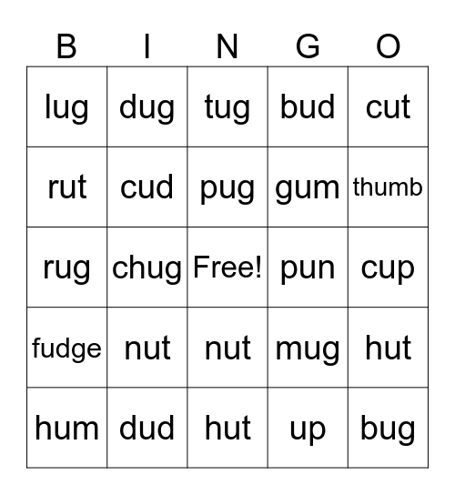 The Short Vowel U Sound Bingo Card