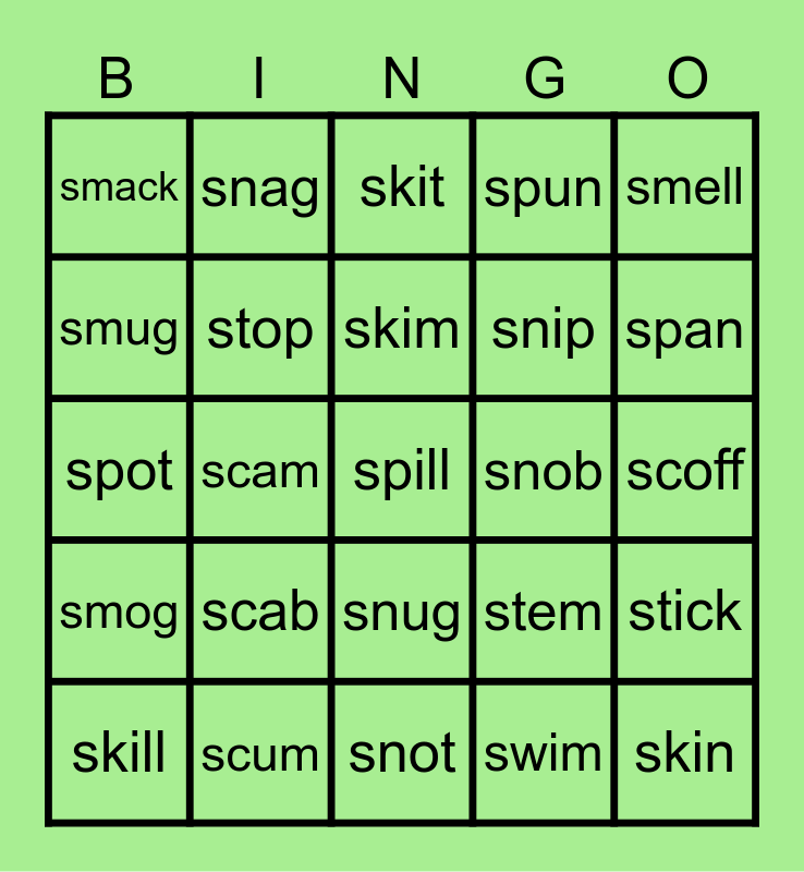 4 Letter S-Blends Bingo Card