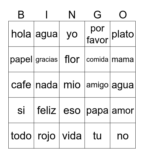 (espanol) bingo Card
