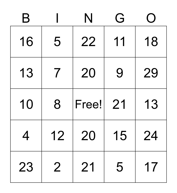 Numbers 1-30 Bingo Card