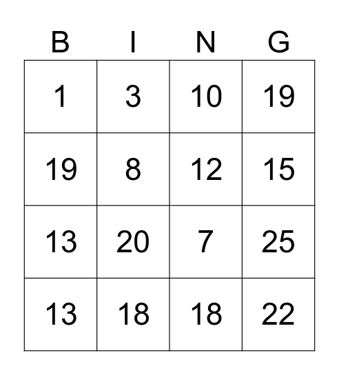 Numbers Bingo Card