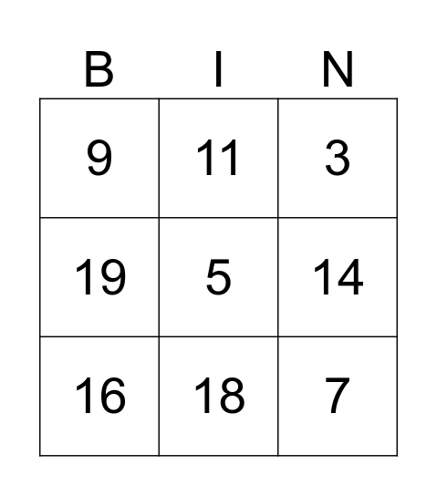 Numbers 0-20 Bingo Card