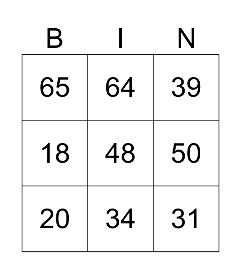 Number Bingo 1-31 Bingo Card