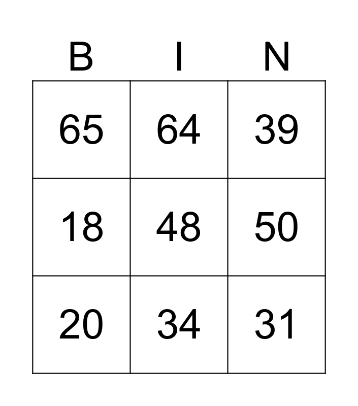 Number Bingo 1-31 Bingo Card