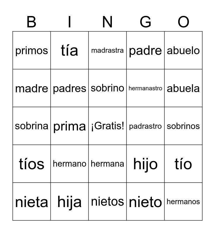 La familia Bingo Card