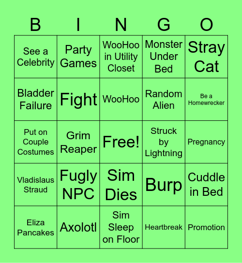 Sims 4 Base Game Bingo Card