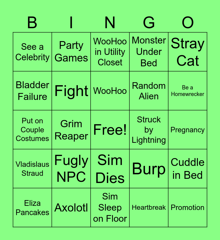 Sims 4 Base Game Bingo Card