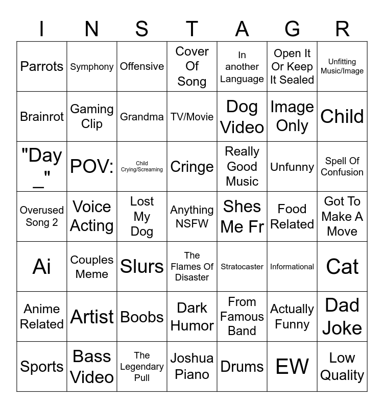 Instagram Reel Legendary Edition Bingo Card