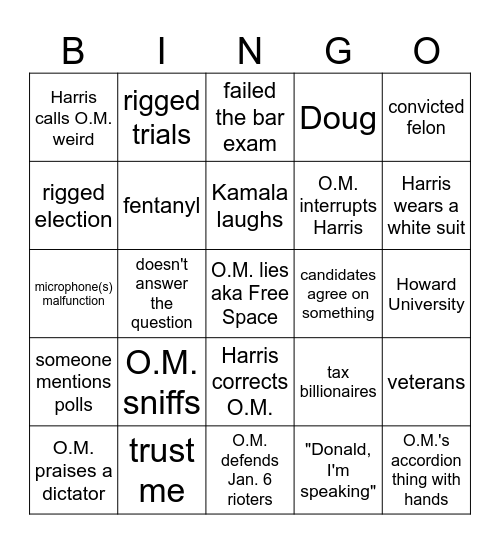 Harris v Orange Man 2024 Bingo Card