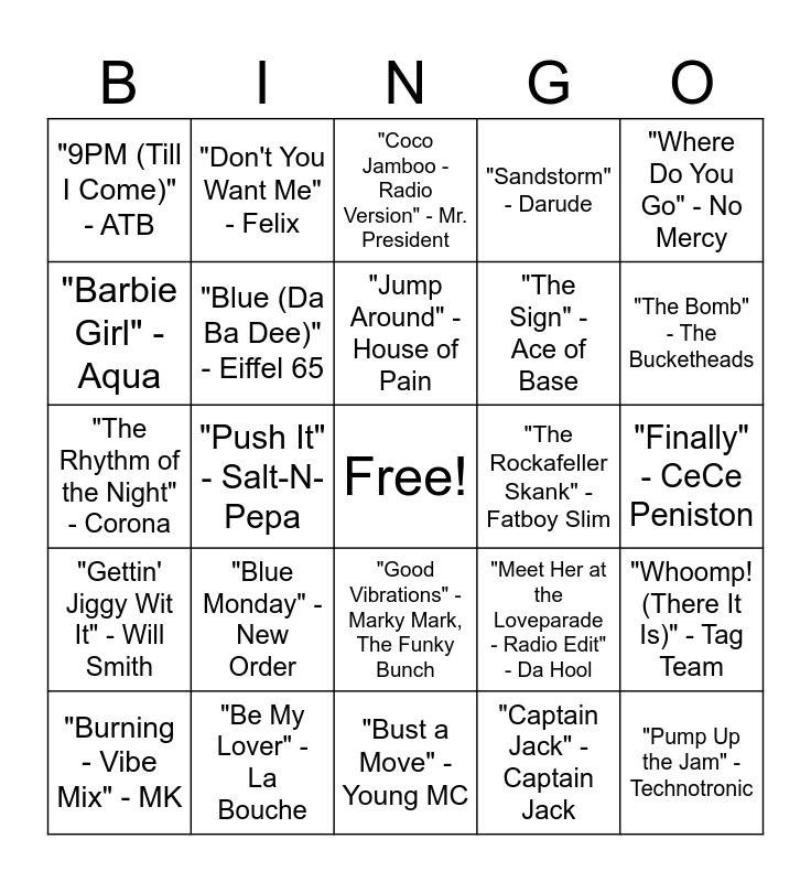 90s Club Hits Music Bingo Round #2 Bingo Card