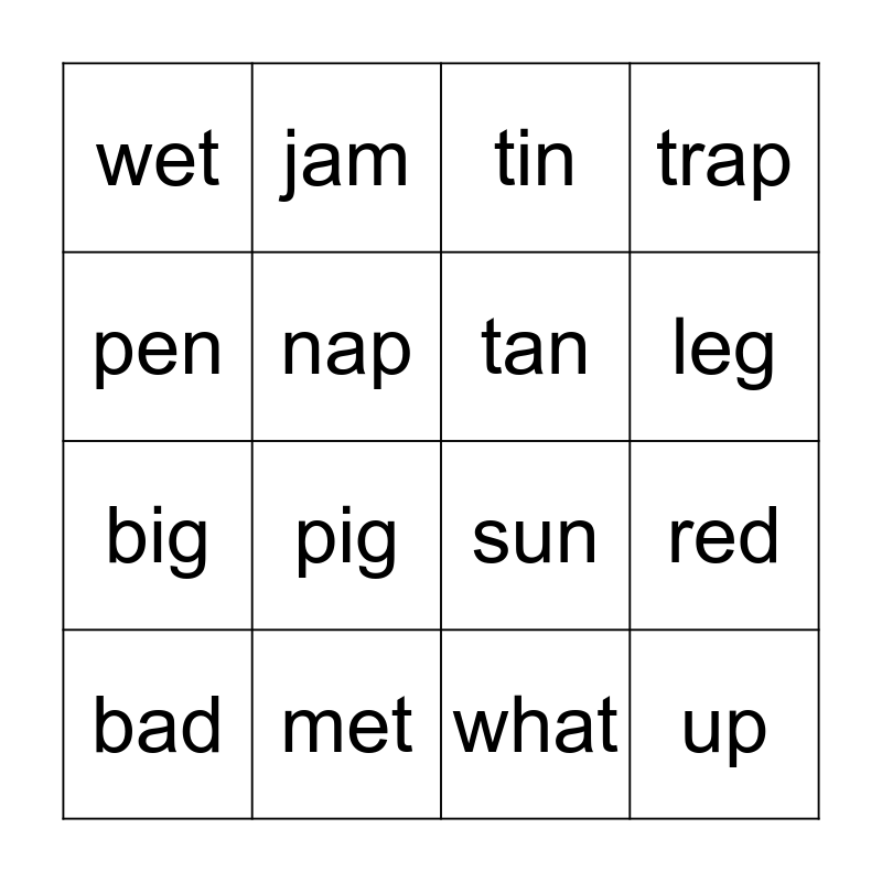 Short vowels bingo Card