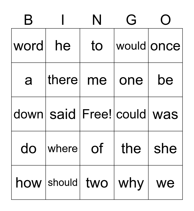 Tricky Words BINGO Card