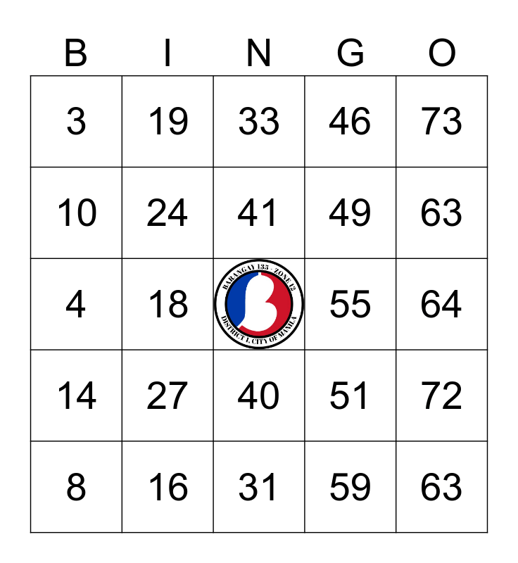 Barangay 135 Zone 12 Bingo Card