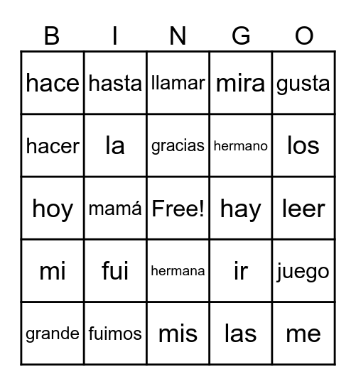 Palabras de Alta Frecuencia Bingo Card
