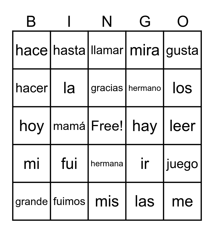 Palabras de Alta Frecuencia Bingo Card