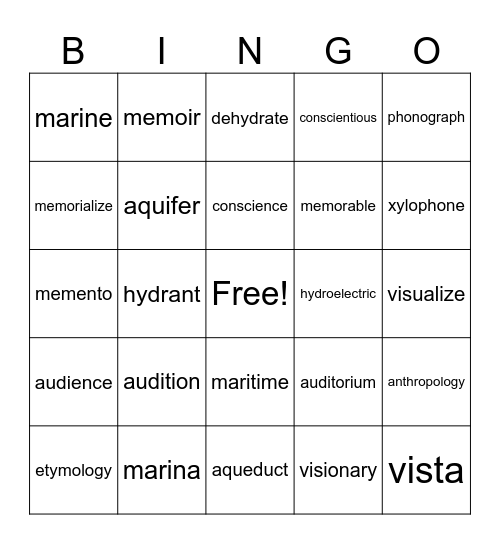 Root Word Vocab Review Bingo Card