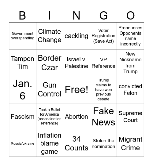 Presidential Debate Bingo Card