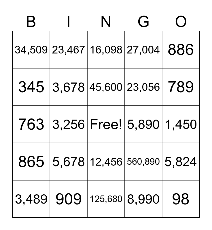 Number and Words Bingo Card