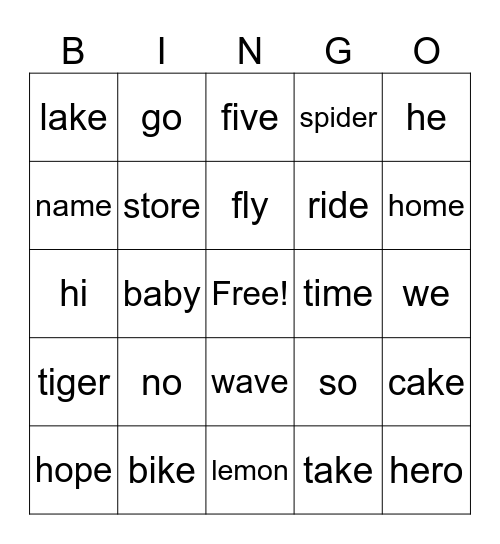 Open/Vowel-Consonant-e Bingo Card