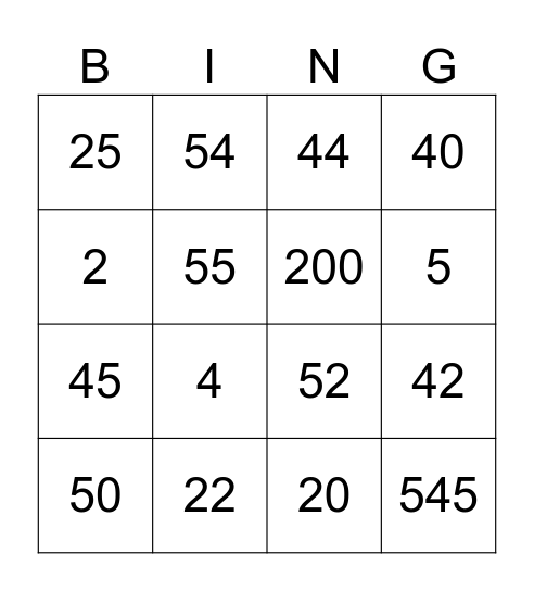 5 4 2 combinations Bingo Card
