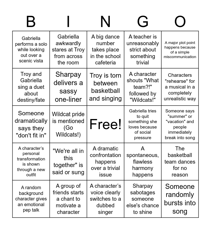 High School Musical Bingo Card