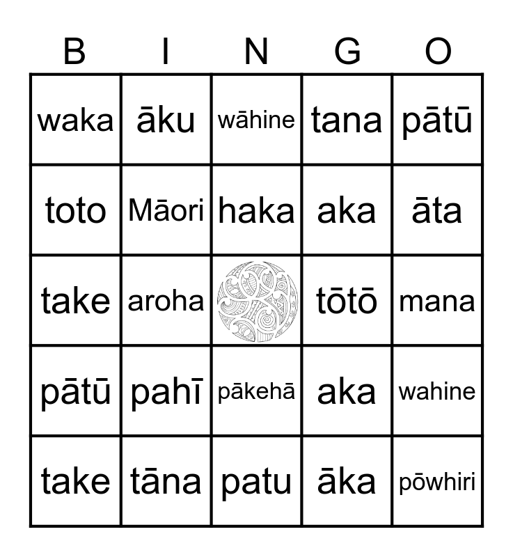 Te reo Bingo Card
