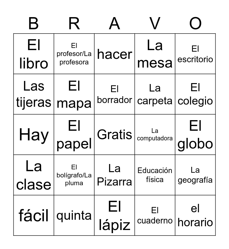 La escuela Bingo Card