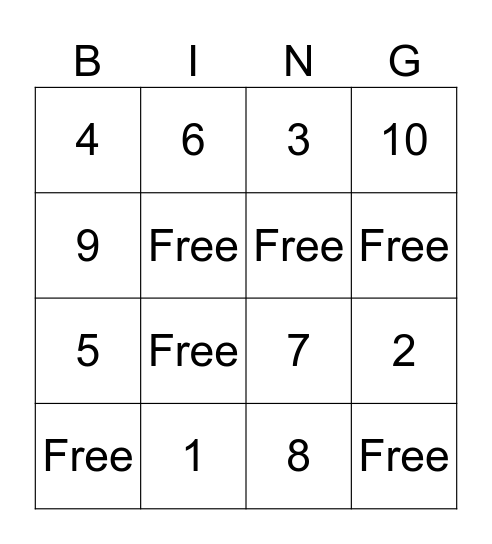 Numbers 1 - 10 Bingo Card