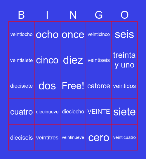 Los Números Bingo Card