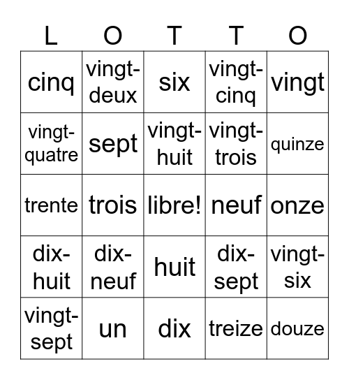 French numbers 0-31 Bingo Card