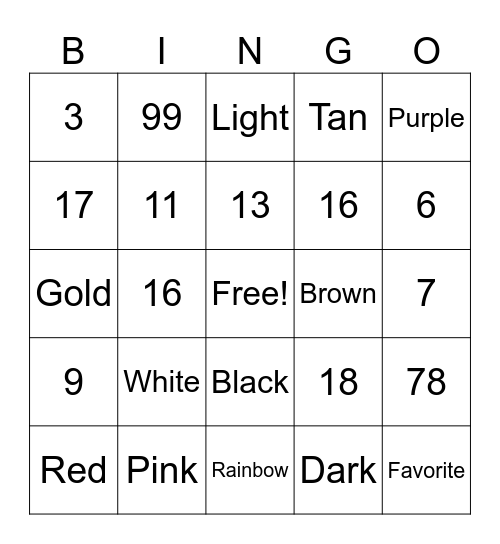 Colors and Numbers Bingo Card