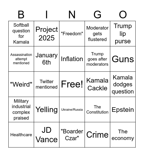 Harris vs Trump Debate Bingo Card