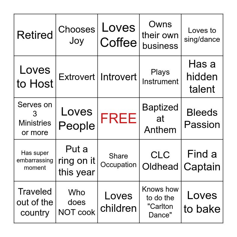 Anthem Style: FIND SOMEONE WHO... Bingo Card