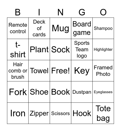 Household Items Bingo Card